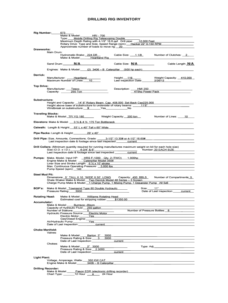 Fillable Online DRILLING RIG INVENTORY - Aztec Well Servicing Fax Email ...