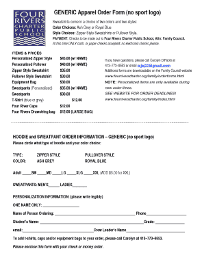 Fillable Online fourriverscharter GENERIC Apparel Order Form no sport ...