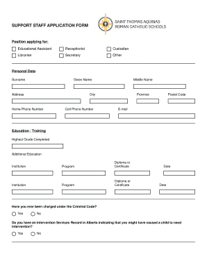 Fillable Online SUPPORT STAFF APPLICATION FORM - starcatholicabca Fax Email Print - pdfFiller