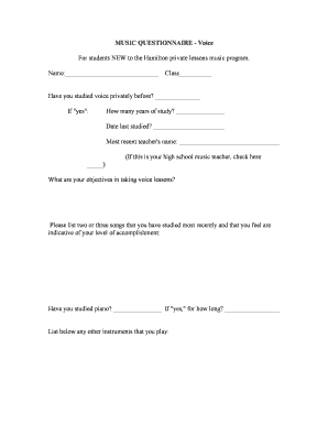 Fillable Online academics hamilton MUSIC QUESTIONNAIRE Voice Fax Email ...