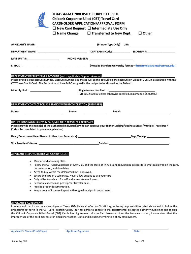 Fillable Online Citibank Corporate Billed (CBT) Travel Card Fax Email ...