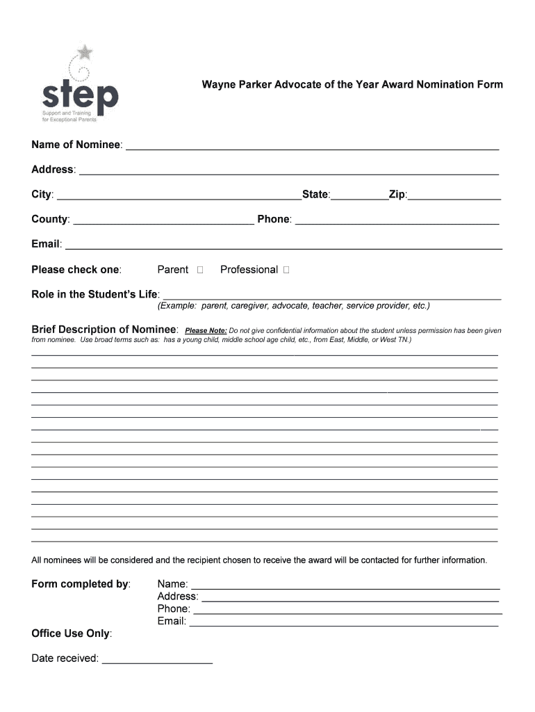 Fillable Online Wayne Parker Advocate of the Year Award Nomination Form Fax Email Print - pdfFiller