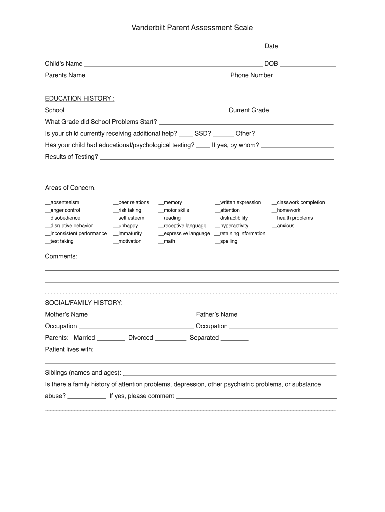Fillable Online Vanderbilt Parent Assessment Scale - nwpedsmocom Fax ...