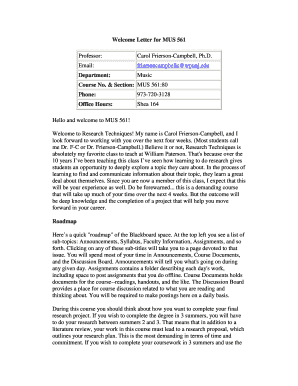 Fillable Online Welcome Letter for MUS 561 Fax Email Print - pdfFiller