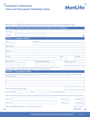 Fillable Online Employers Statement Total and Permanent Fax Email Print - pdfFiller