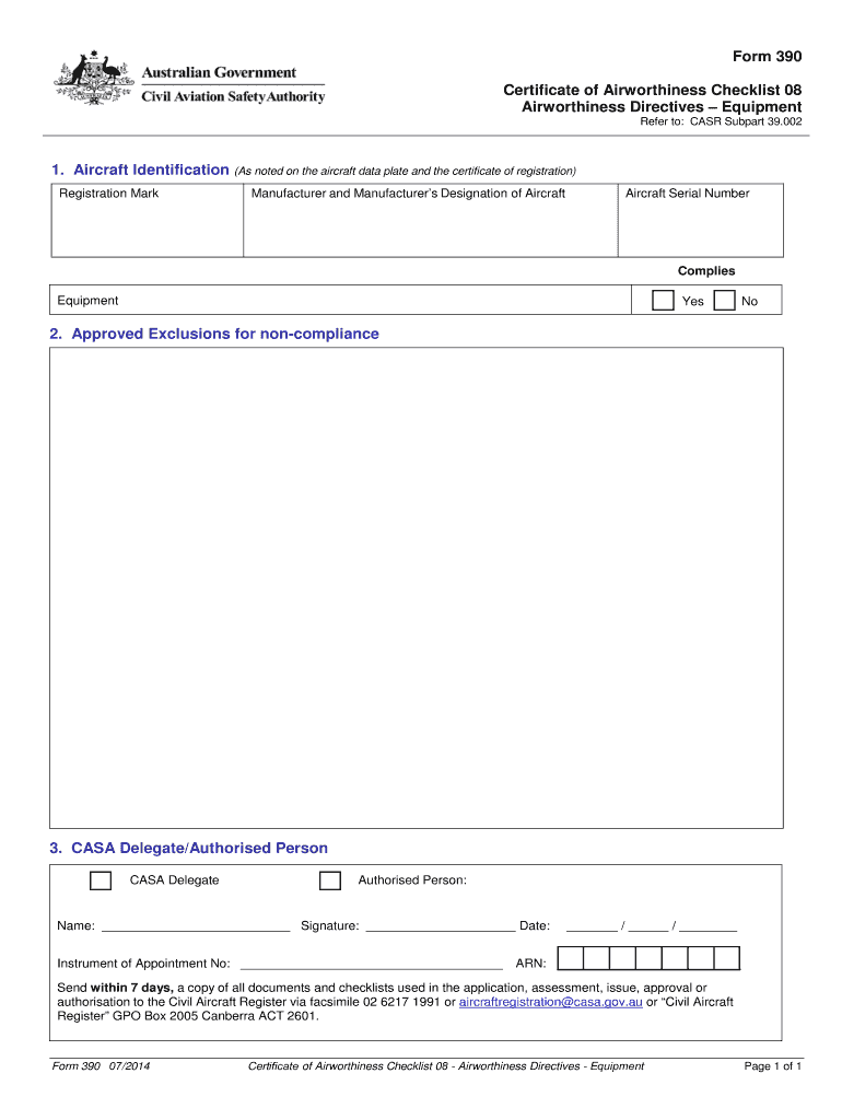 Fillable Online casa govcms gov Form 390 Certificate of Airworthiness ...