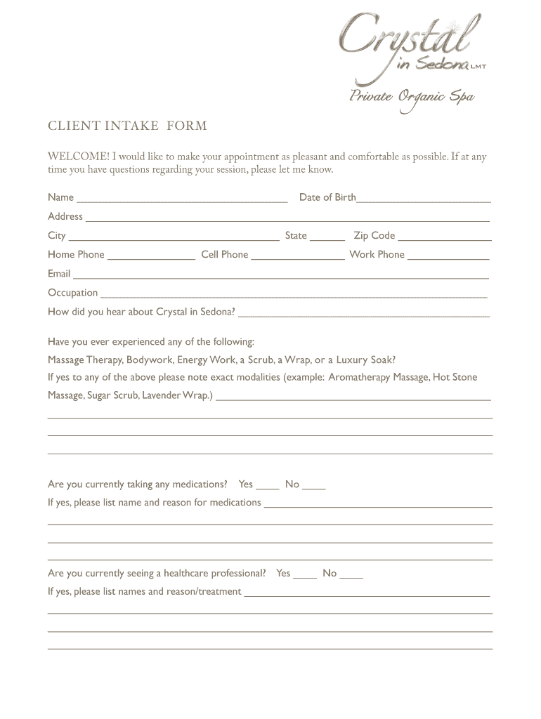 Fillable Online Client intake form - Crystal in Sedona Private Organic Spa Fax Email Print ...