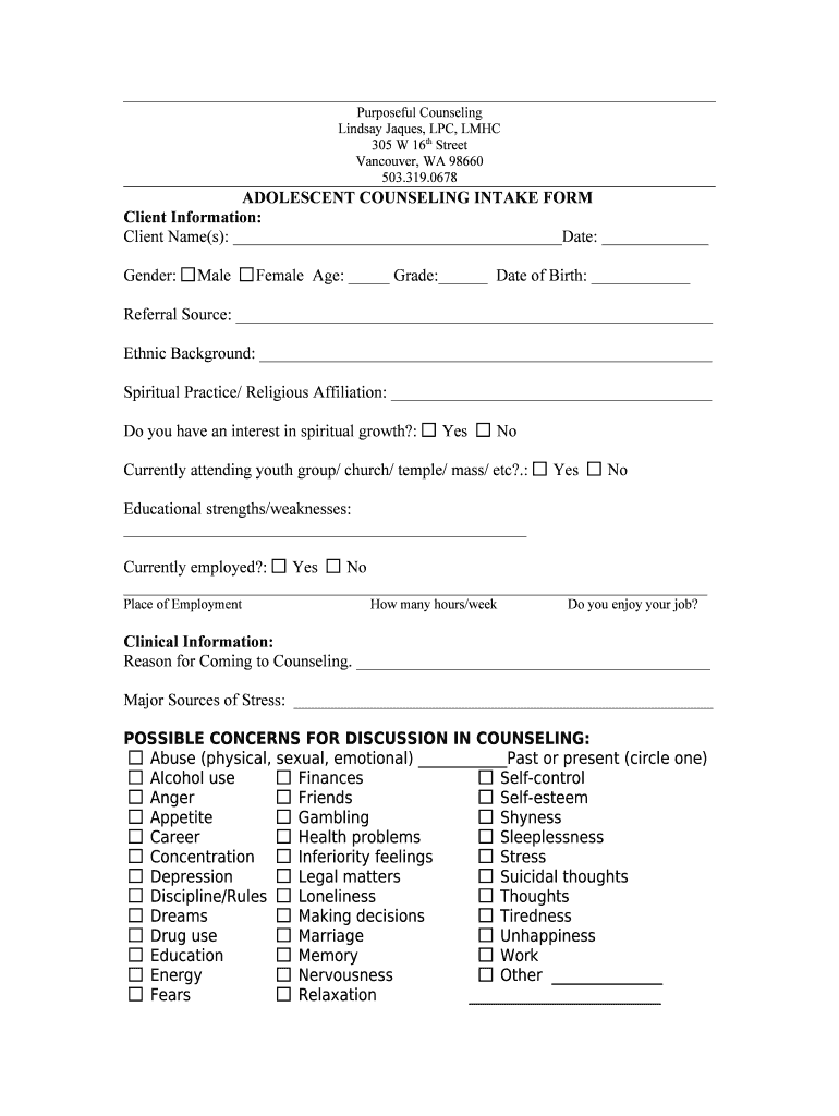 Fillable Online ADOLESCENT COUNSELING INTAKE FORM Fax Email Print ...
