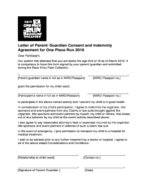 Fillable Online onepiecerun Letter of Parent Guardian Consent and ...