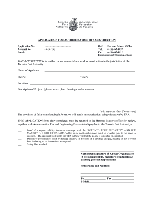 Fillable Online APPLICATION FOR AUTHORIZATION OF CONSTRUCTION Fax Email ...