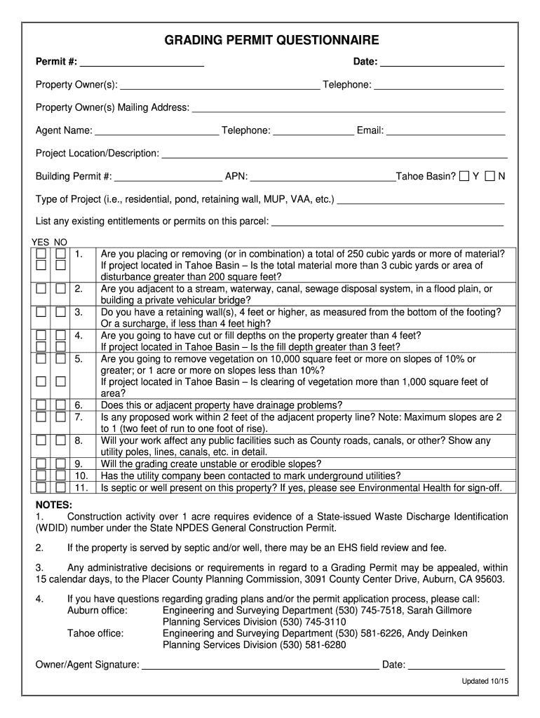 Fillable Online placer ca GRADING PERMIT APPLICATION - Placer County ...