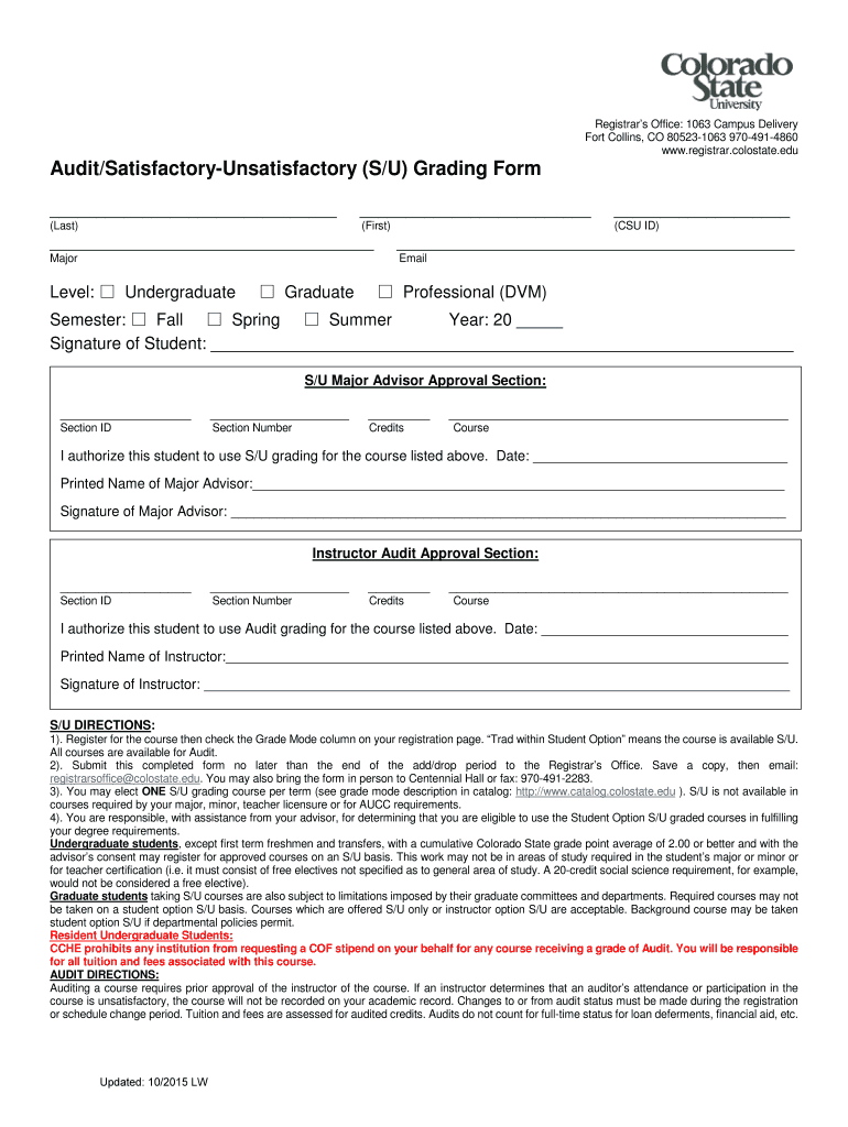 Fillable Online registrar colostate AuditSatisfactory-Unsatisfactory SU ...