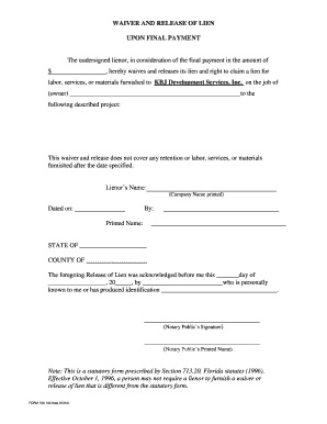 Fillable Online WAIVER AND RELEASE OF LIEN UPON FINAL PAYMENT KBJ Fax ...