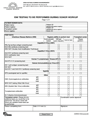 Fillable Online kostnidren IDM TESTING TO BE PERFORMED DURING DONOR ...