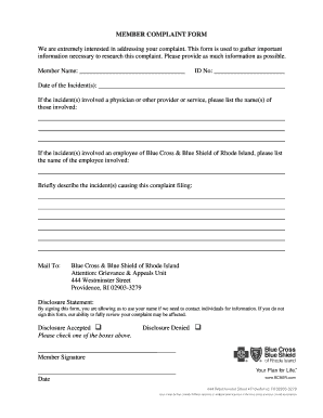 Fillable Online MEMBER COMPLAINT FORM - Blue Cross Blue Shield of RI ...