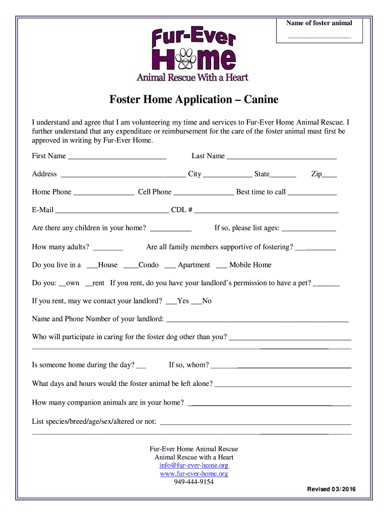 Fillable Online fur-ever-home Foster Home Application Canine Fax Email ...