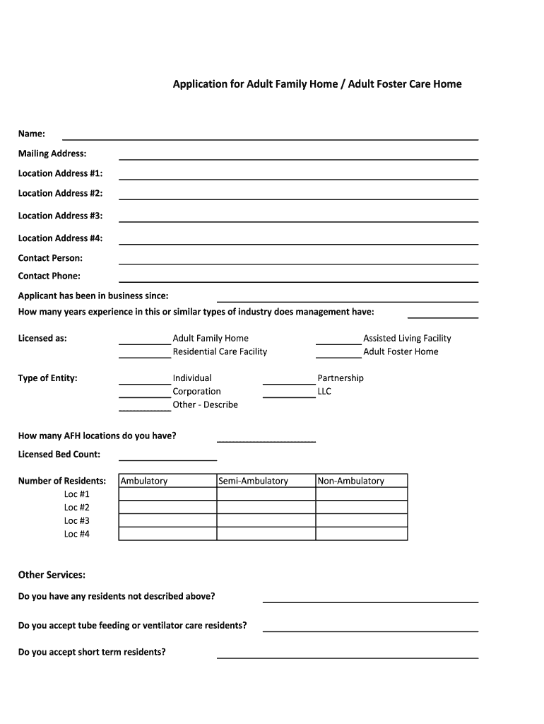Fillable Online Application for Adult Family Home Adult Foster Care ...