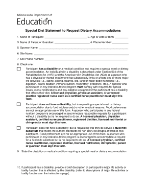 Fillable Online isd917 k12 mn Special Diet Statement to Request Dietary ...