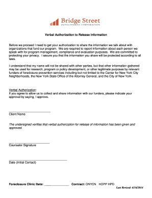 Fillable Online bsdcorp Verbal Authorization to Release Information ...