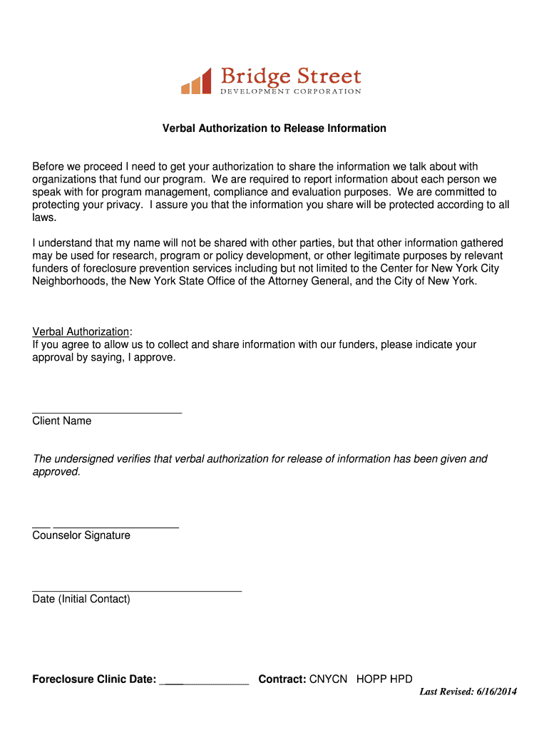 Fillable Online bsdcorp Verbal Authorization to Release Information ...