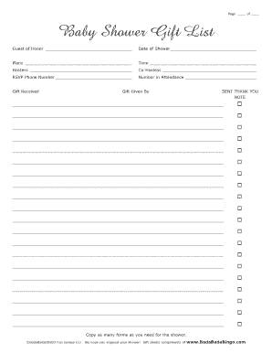 Fillable Online Page of Baby Shower Gift List Fax Email Print - pdfFiller