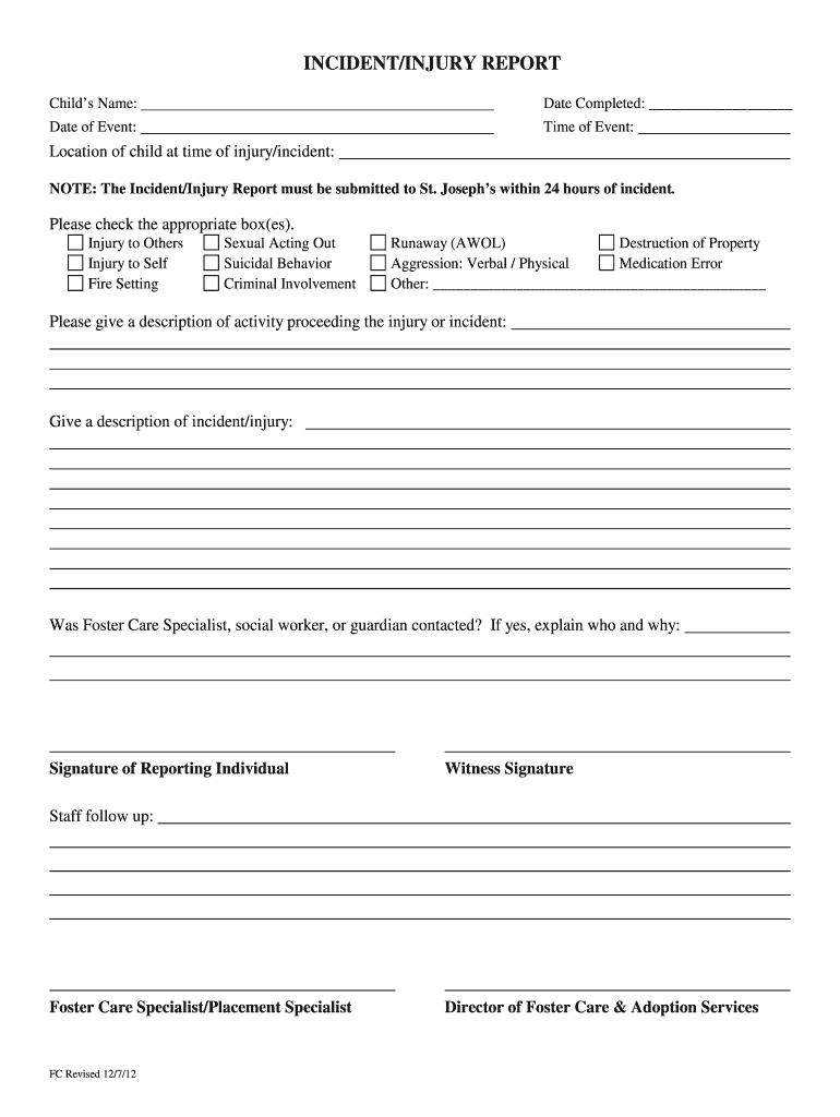 Fillable Online sjkids INCIDENT/INJURY REPORT Fax Email Print - pdfFiller