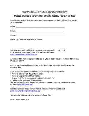 Fillable Online inmanmiddleschool Inman Middle School PTA Nominating ...