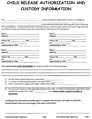 Fillable Online Child Release Authorization Form and Custody Fax Email ...