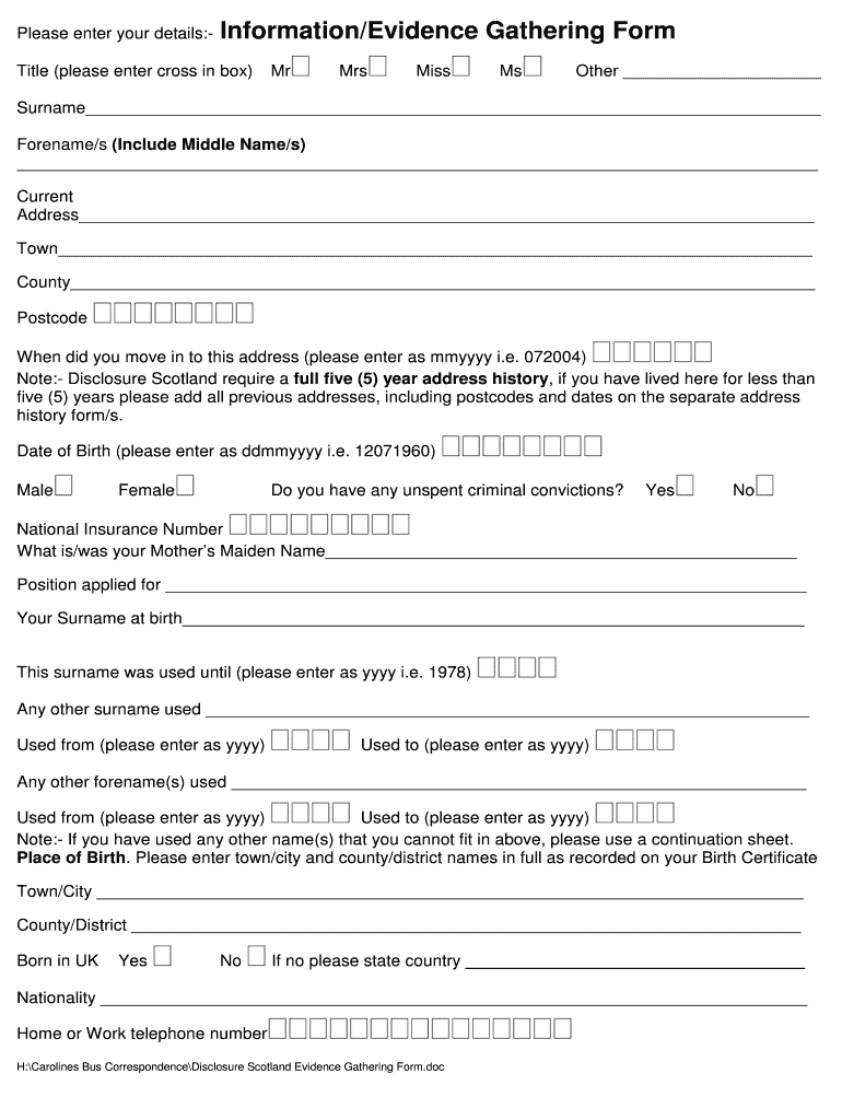 Fillable Online wringtons co Disclosure Scotland Evidence Gathering ...