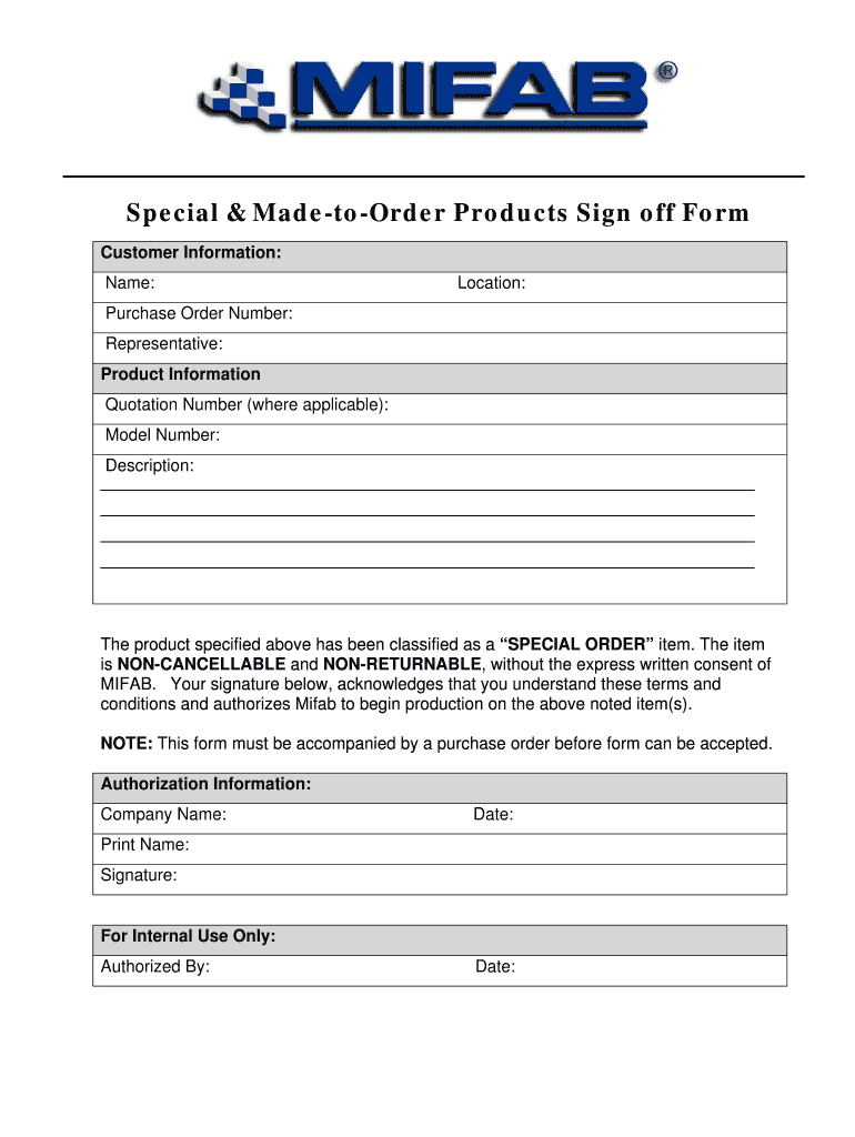 Fillable Online Special Order Form - Mifab Home Fax Email Print - pdfFiller