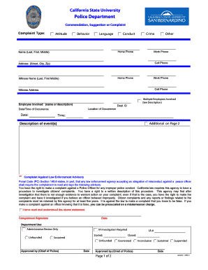Fillable Online police csusb BComplaint Formb - CSUSB University Police ...