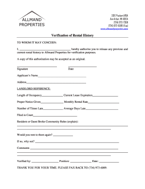 Fillable Online Verification of Rental History - Allmand Properties Fax ...