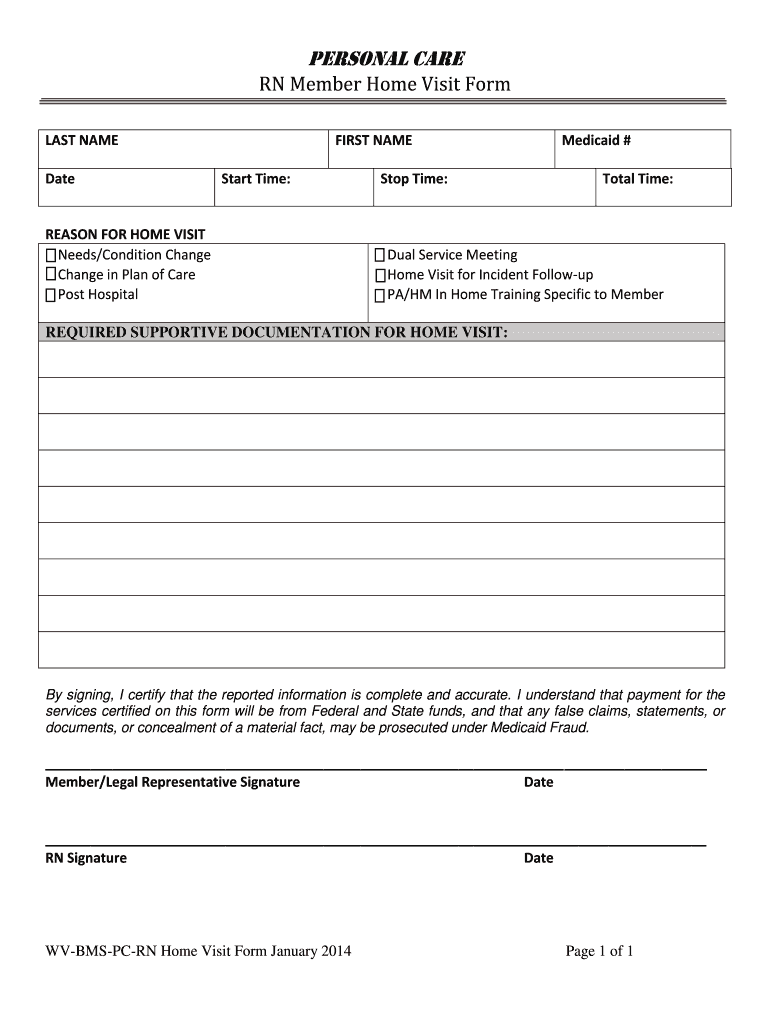Fillable Online dhhr wv Personal Care RN Member Home Visit Form ...