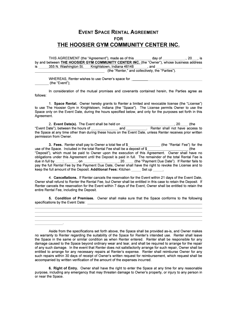 Fillable Online Hoosier Gym Rental Agreementdoc Fax Email Print - pdfFiller