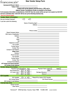 Fillable Online New Vendor Setup bFormb - Francesca39s Fax Email Print ...