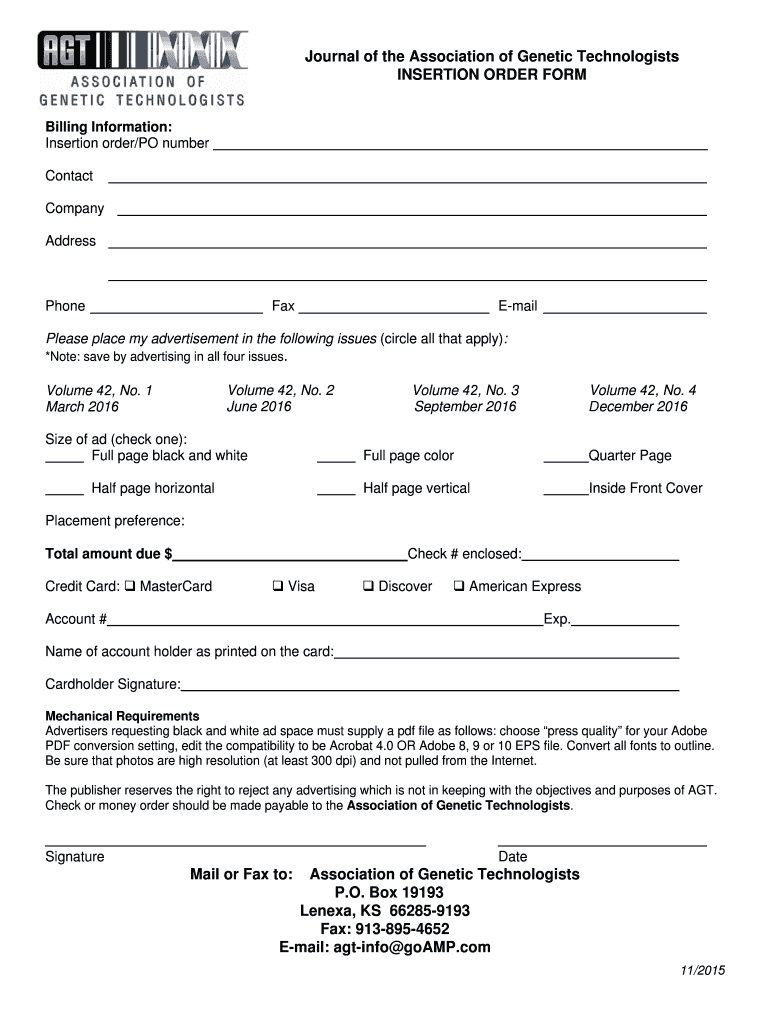 Fillable Online agt-info FORM 2014 Journal Advertising Fax Email Print ...