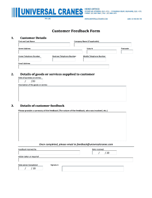 Fillable Online Customer Feedback Form - Universal Cranes Fax Email ...