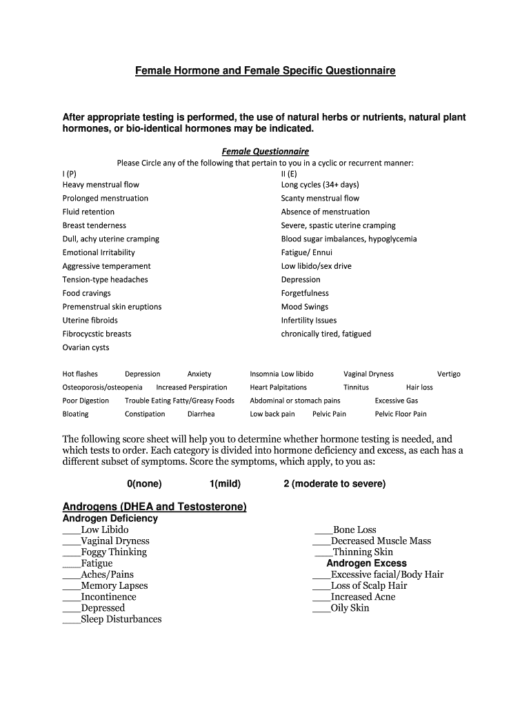 Fillable Online Female Hormone and Female Specific Questionnaire Fax ...
