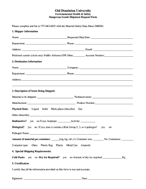 Fillable Online odu Dangerous Goods Shipment Request Form - odu Fax ...