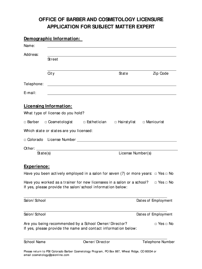 Fillable Online OFFICE OF BARBER AND COSMETOLOGY LICENSURE APPLICATION ...