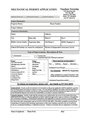 Fillable Online MECHANICAL PERMIT APPLICATION - Napoleon Township Fax ...