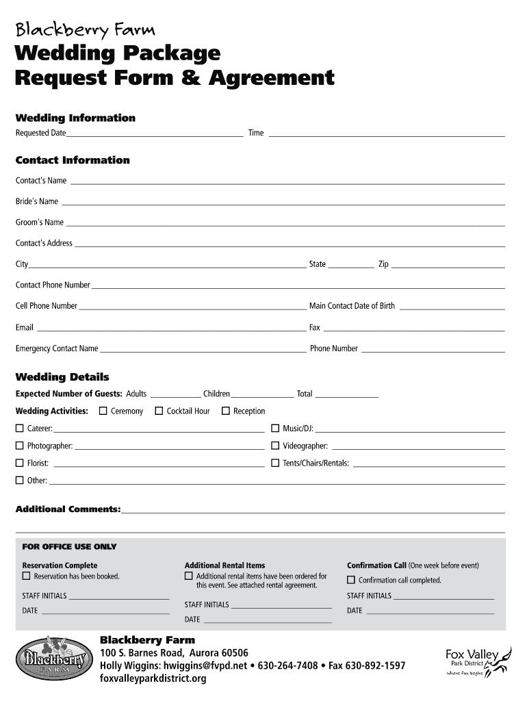 Fillable Online foxvalleyparkdistrict Blackberry Farm Wedding Package ...