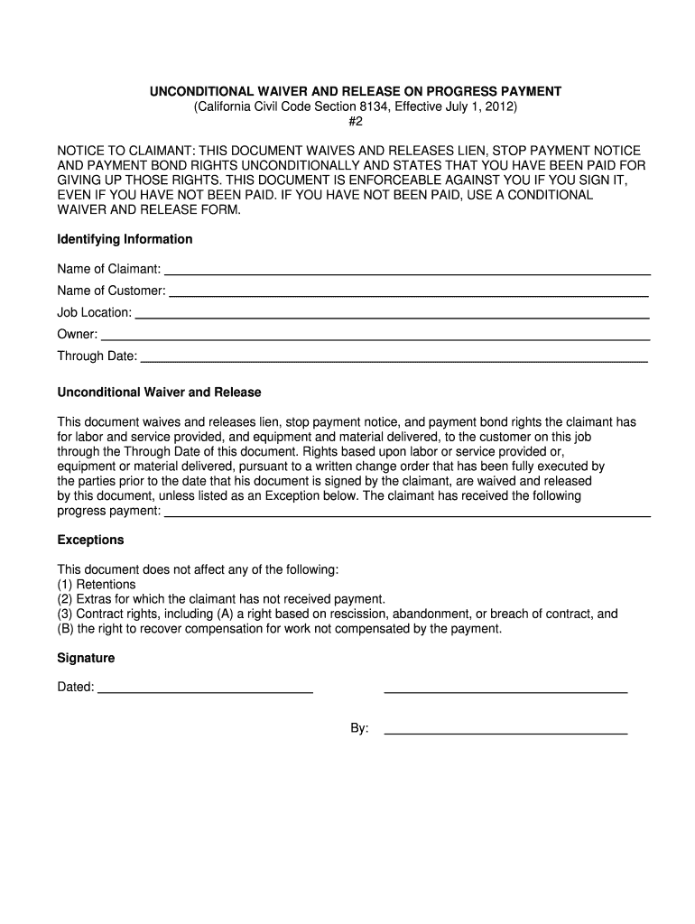 Fillable Online UNCONDITIONAL WAIVER AND RELEASE ON PROGRESS Fax Email ...