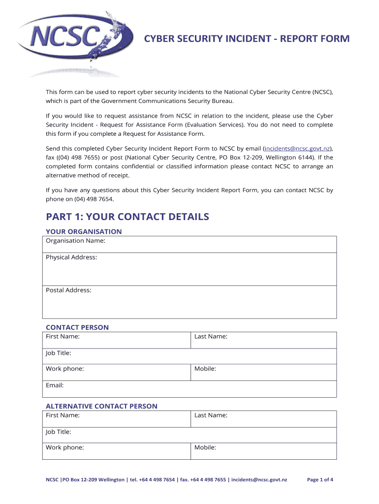 Fillable Online ncsc govt CYBER SECURITY INCIDENT - REPORT FORM - NCSC ...