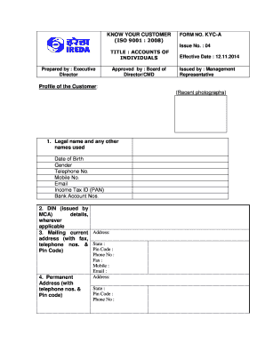 Fillable Online KNOW YOUR CUSTOMER FORM NO KYC-A ISO 9001 2008 Issue ...