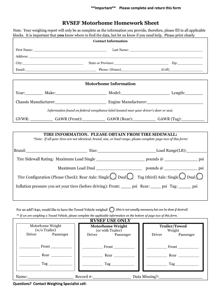 Fillable Online RVSEF Motorhome Homework Sheet - rvsafetycom Fax Email ...