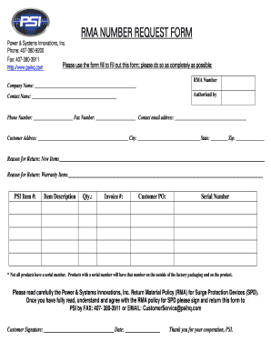 Fillable Online RMA NUMBER REQUEST FORM - Power Systems Innovations Inc ...