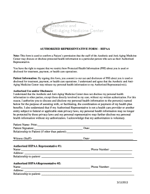 Fillable Online AUTHORIZED REPRESENTATIVE FORM HIPAA Fax Email Print ...