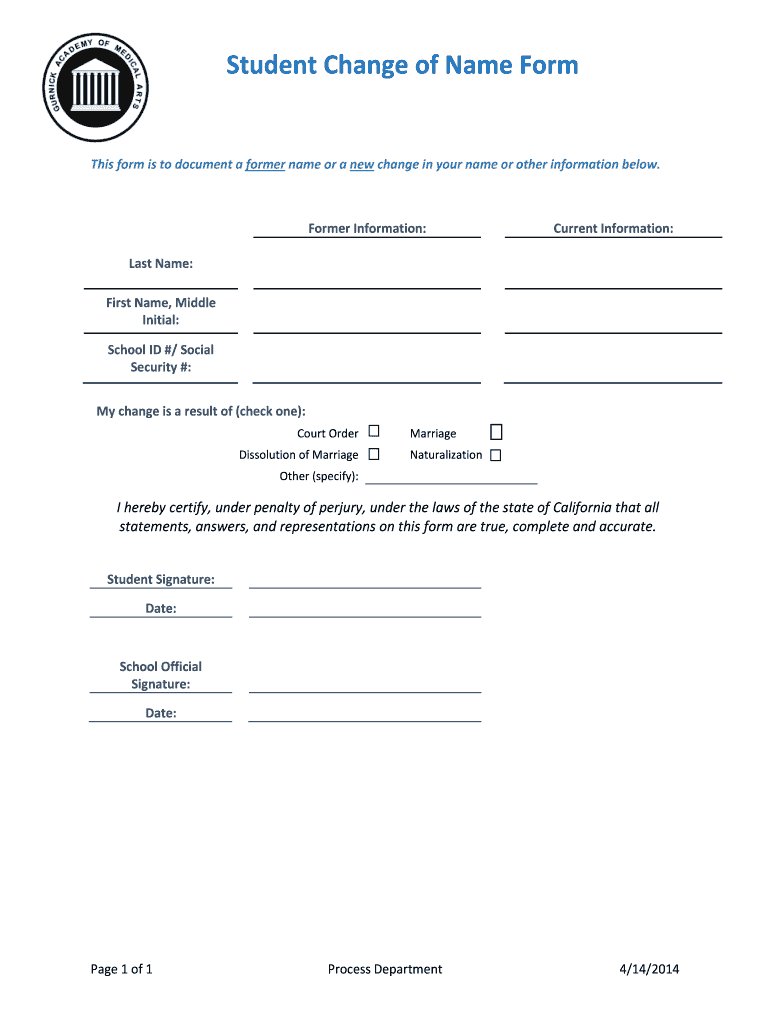Fillable Online gurnick Student Change of Name Form - Gurnick Fax Email ...