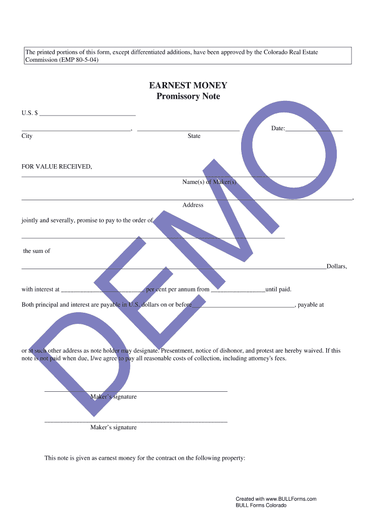 Fillable Online EARNEST MONEY Promissory Note ...